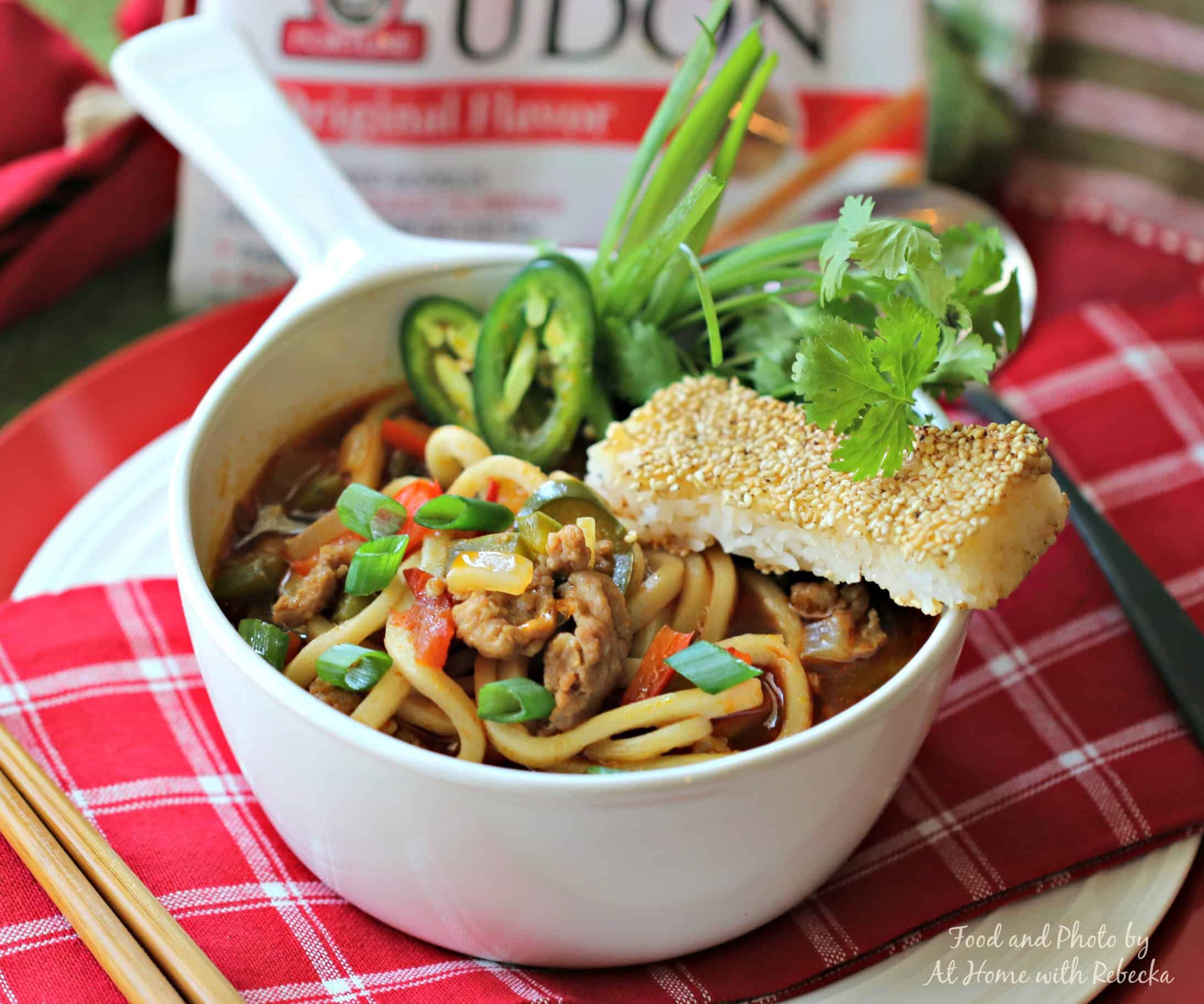 Pork and Peppers UDON Soup with Sesame Rice Sticks — At Home with Rebecka